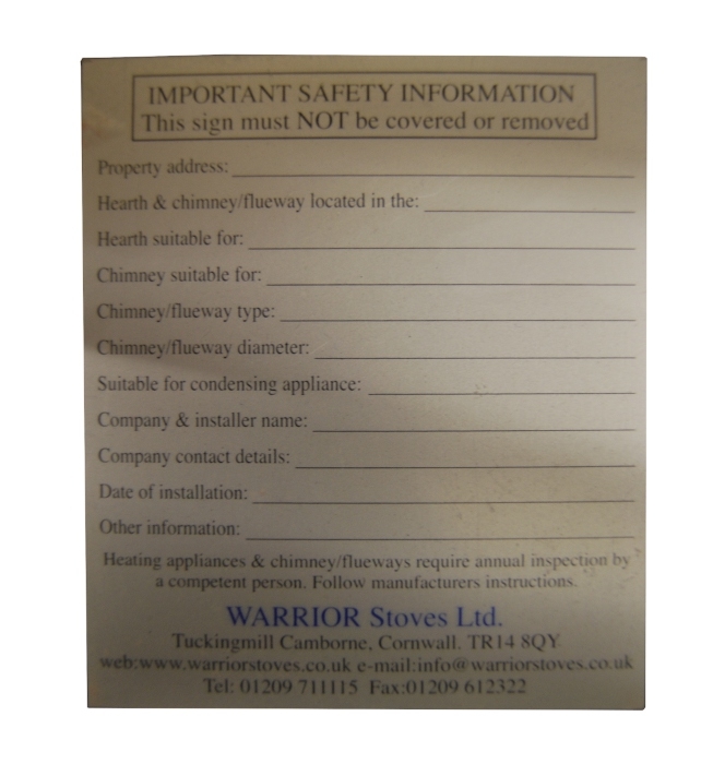 Data Plate Chimney & Hearth - Warrior Stoves Ltd
